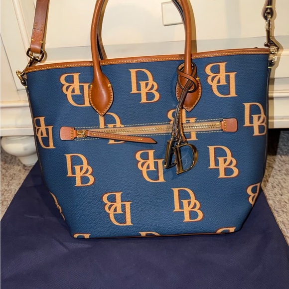 Dooney & Bourke | Bags | Dooney Bourke Navy And Tan Logo Tote | Poshmark